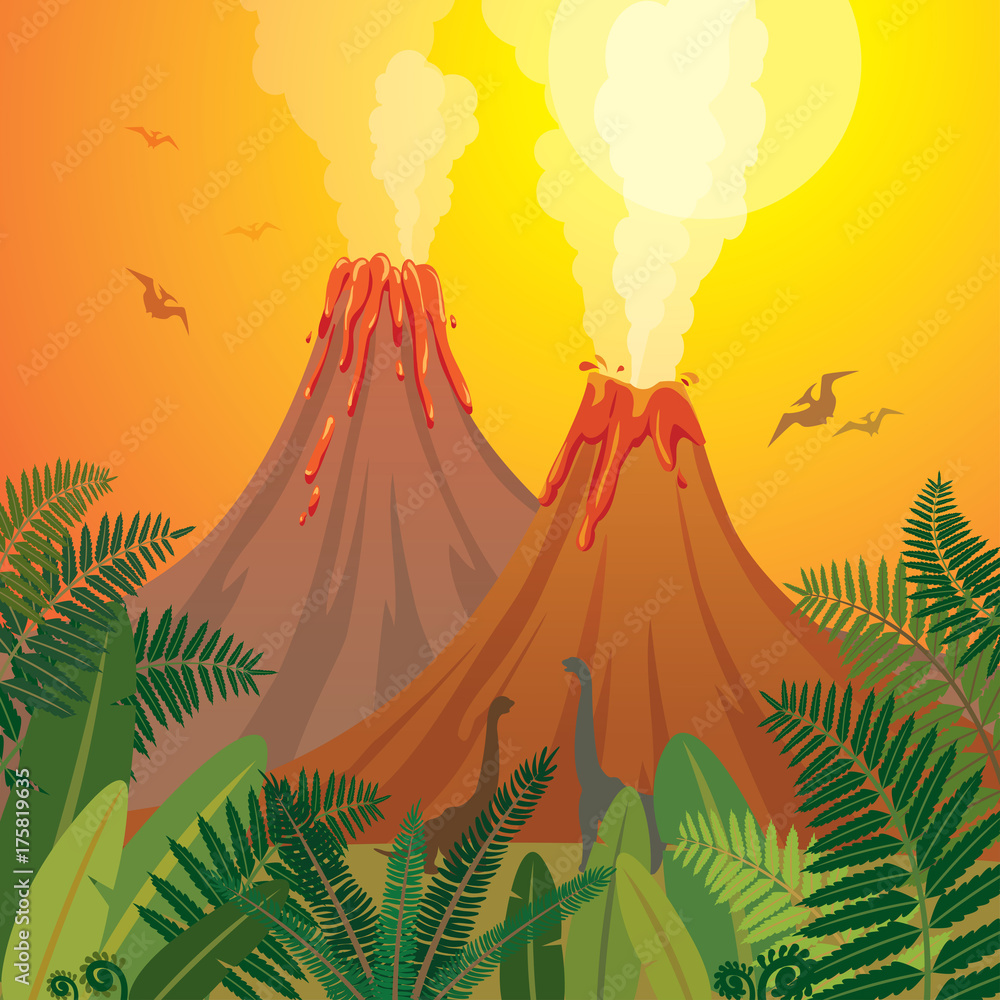Prehistoric nature landscape - volcanoes, dinosaurs, fern. Stock Vector ...