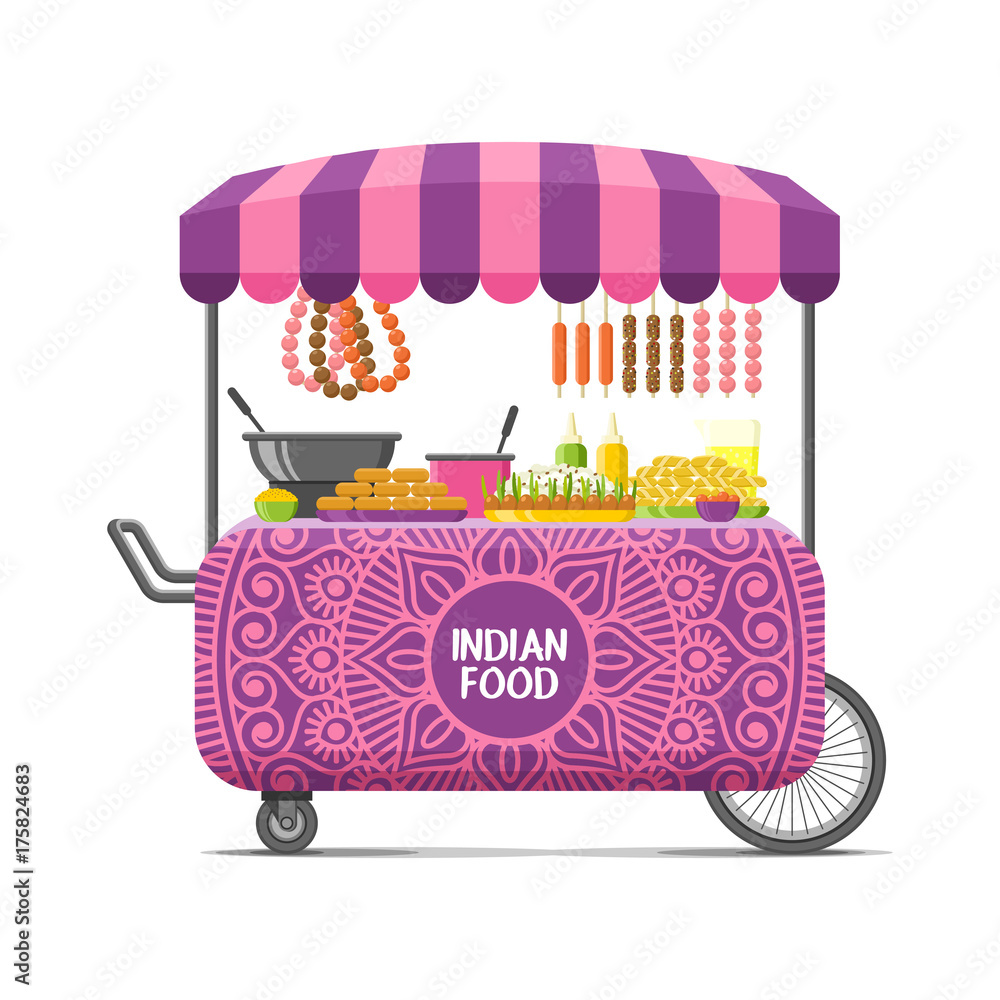 Indian street food cart. Colorful vector illustration, cartoon style ...