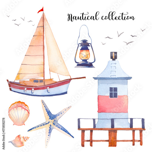 Watercolor nautical set. Hand drawn cartoon elements: sailboat ...