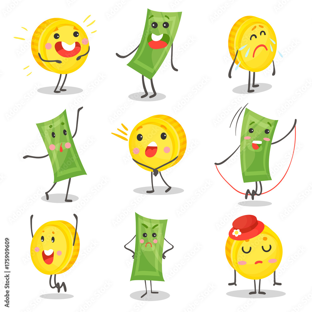 Cute funny banknotes and coins humanized characters showing various ...