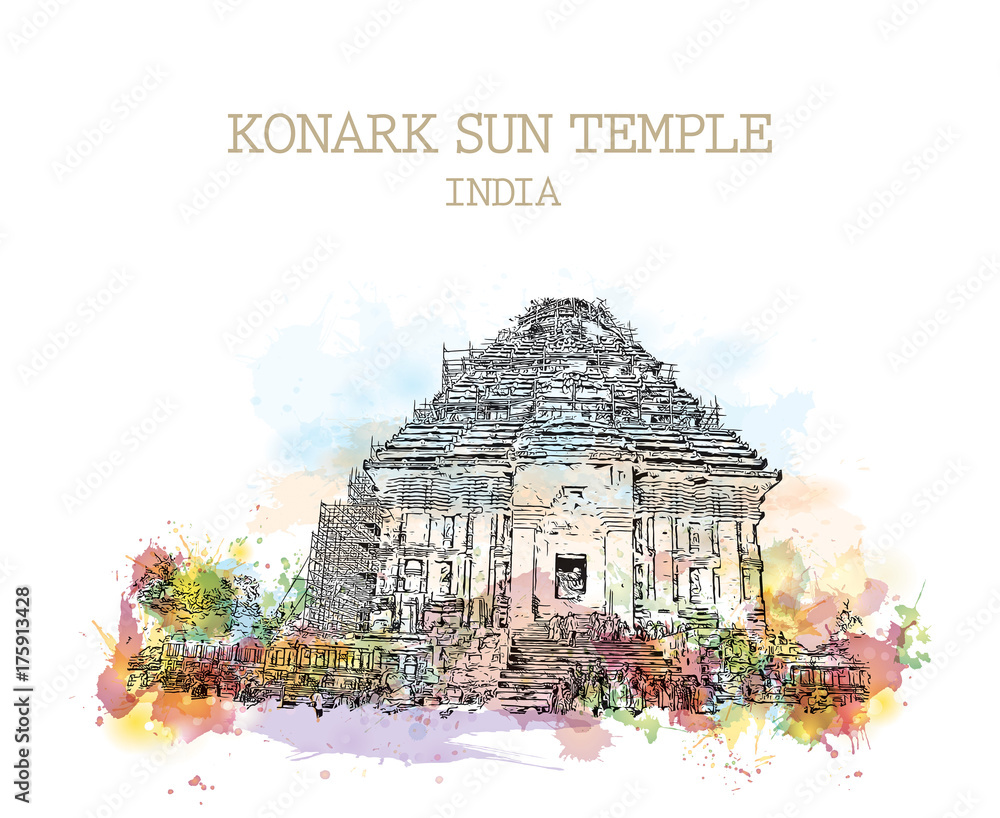 Watercolor sketch with splash of Konark Sun Temple India in vector ...