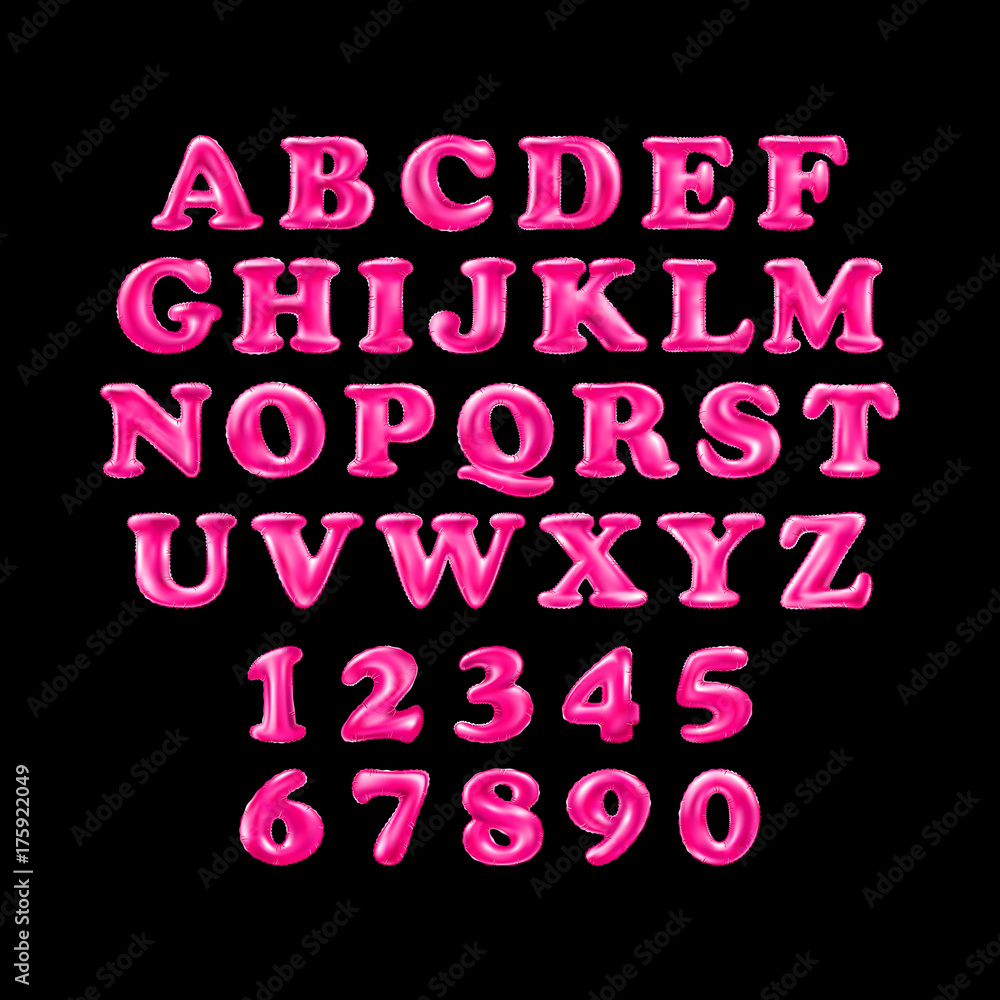 Pink alphabet foil party celebration balloons. black background Stock ...