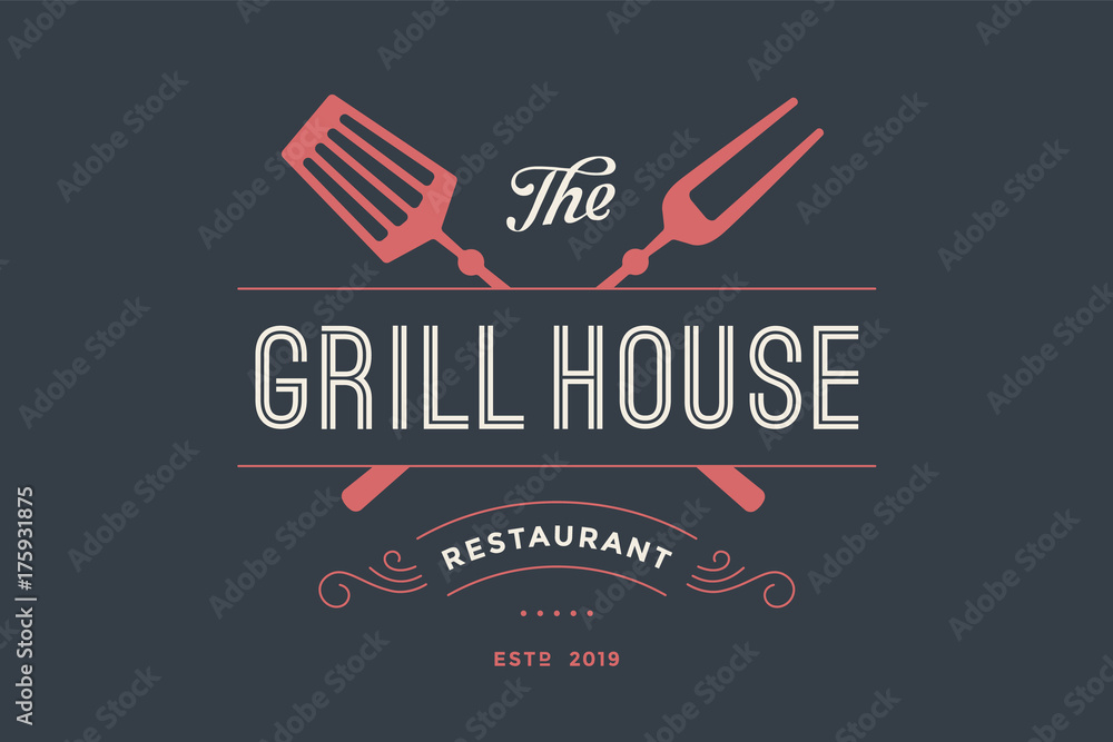 Logo of Grill House restaurant with grill fork, text Grill House ...