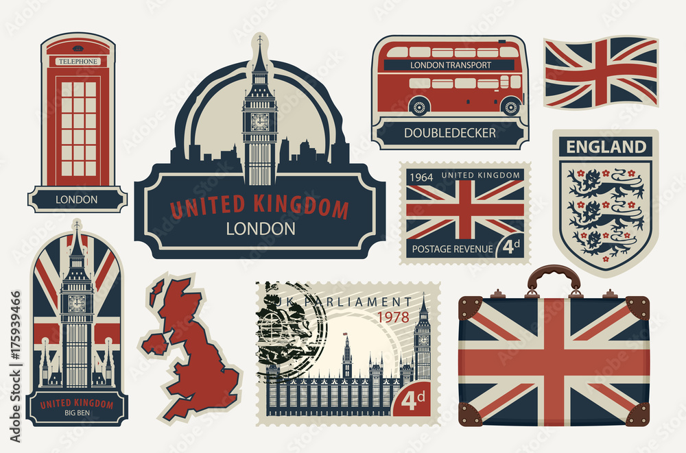 Vector set of British symbols, stamps, architectural landmarks and flag ...