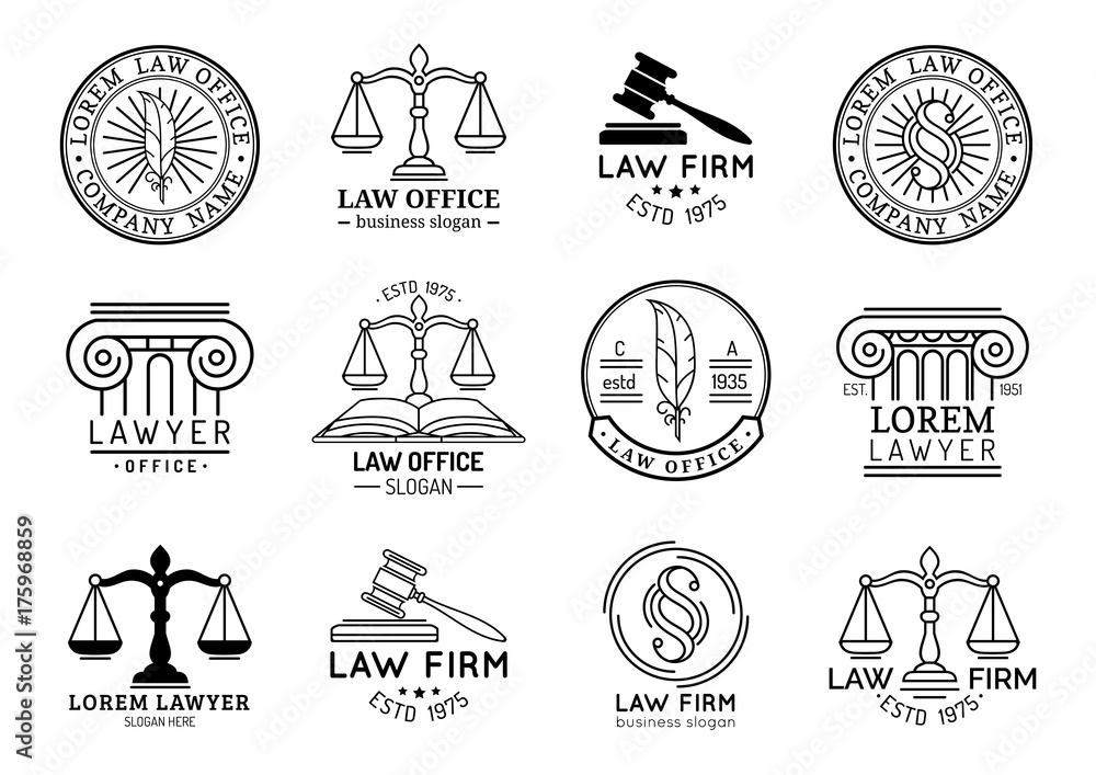 Law office symbols set with scales of justice, gavel etc illustrations ...