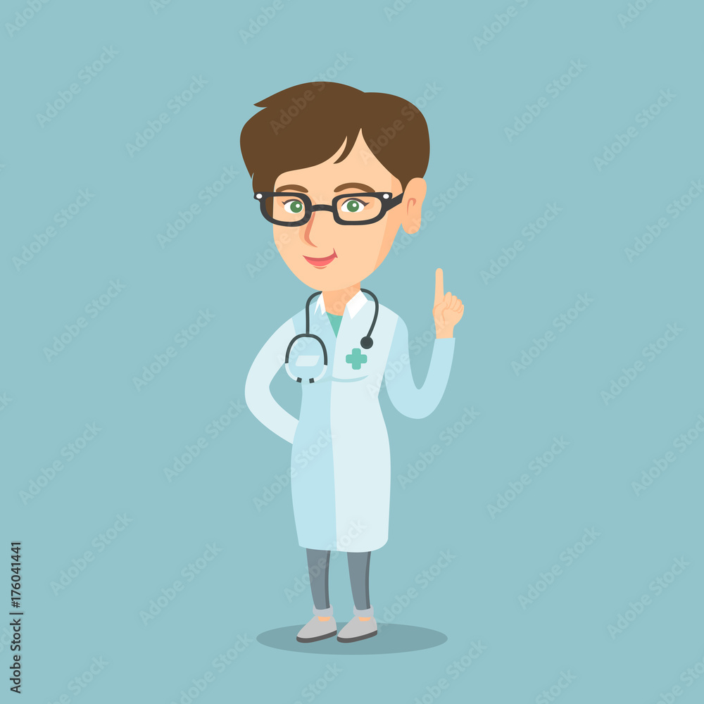 Young caucasian doctor pointing finger up. Doctor in medical gown ...