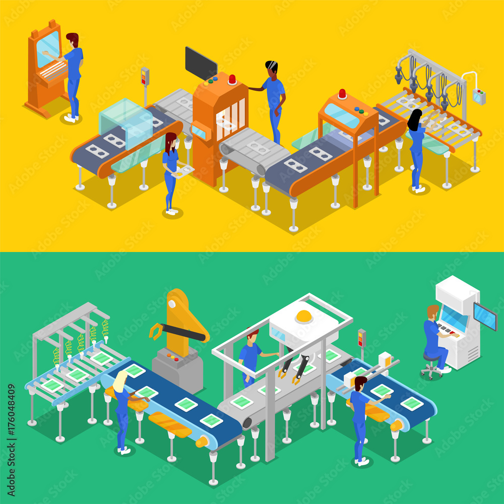 Isometric 3D production line concept set. Industrial goods production ...