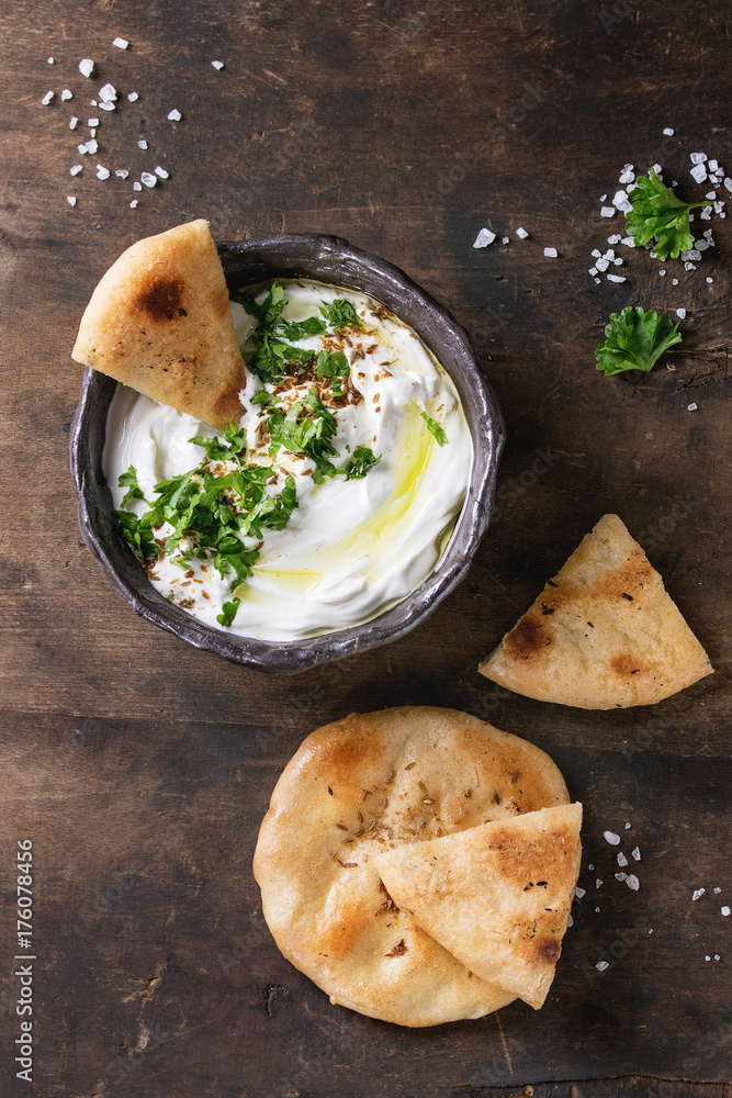 labneh middle eastern lebanese cream cheese dip with olive oil, salt ...