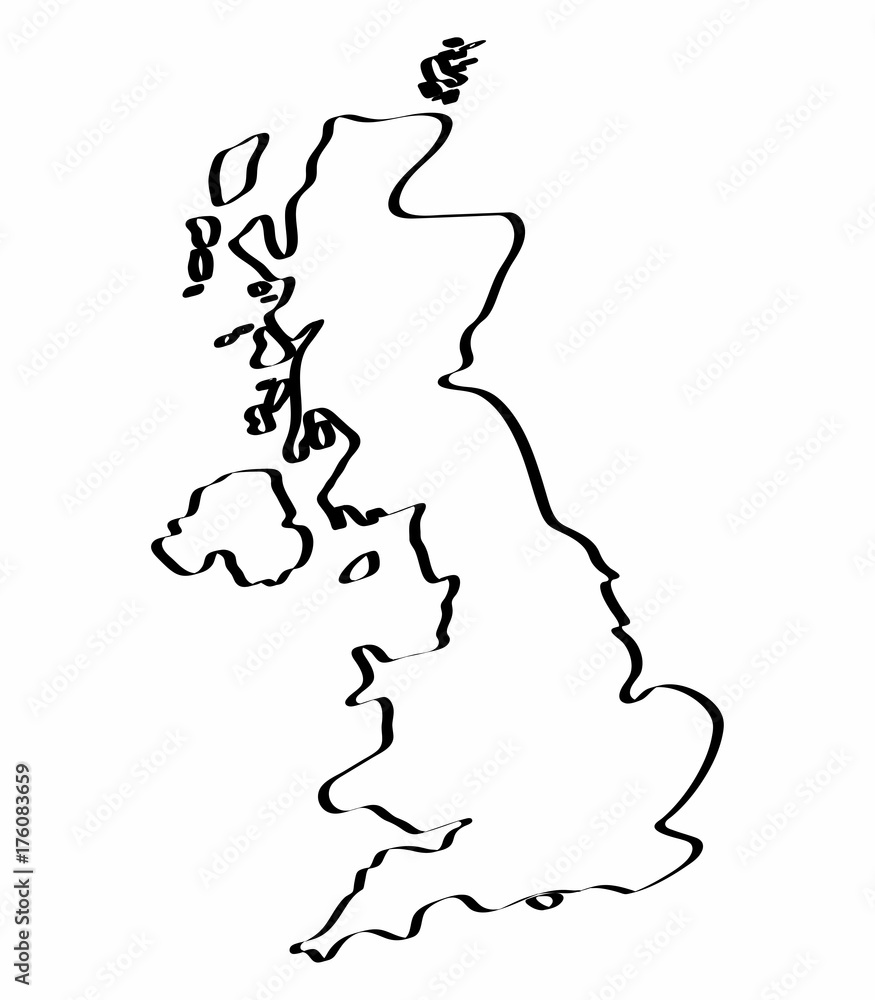 United Kingdom map outline graphic freehand drawing on white background ...