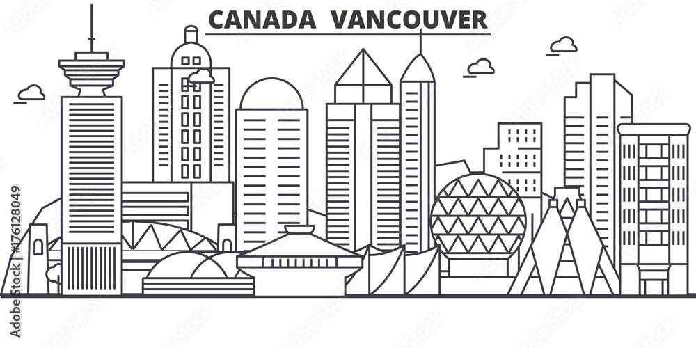 เวกเตอร์ Stock Canada, Vancouver architecture line skyline illustration ...