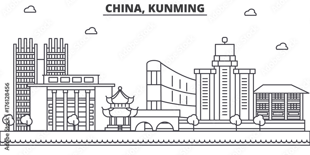 China, Kunming architecture line skyline illustration. Linear vector ...