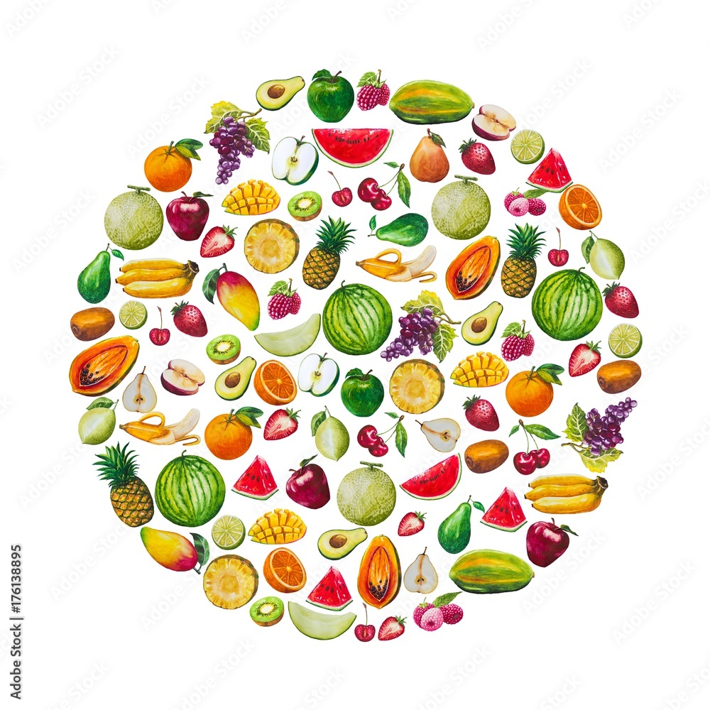 Combine the fruits in the shape of a circle. A set of elements painted ...