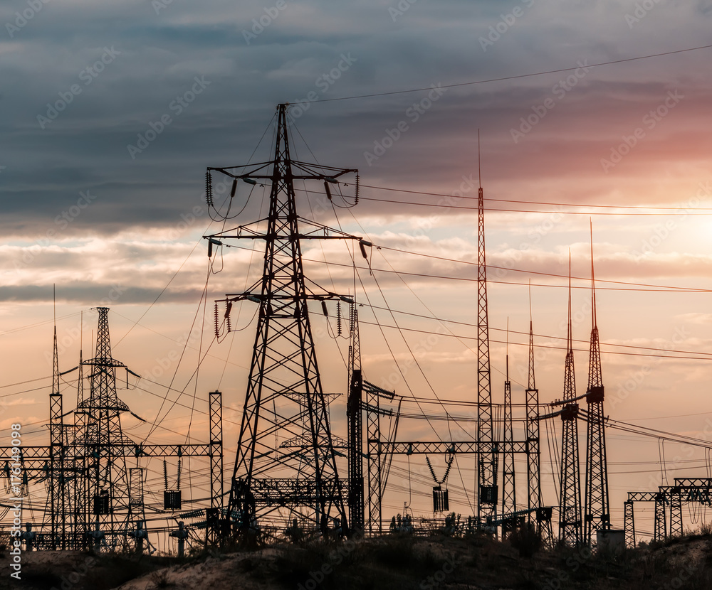 distribution electric substation with power lines and transformers, at ...