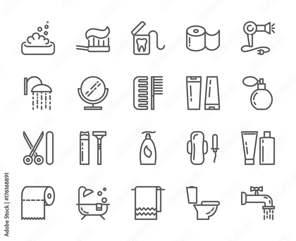 Personal hygiene pixel perfect line icons. Set of elements of shower ...