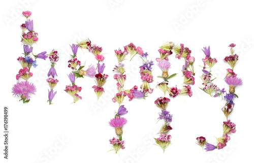 Word happy from Pink and purple flowers isolated on white background ...