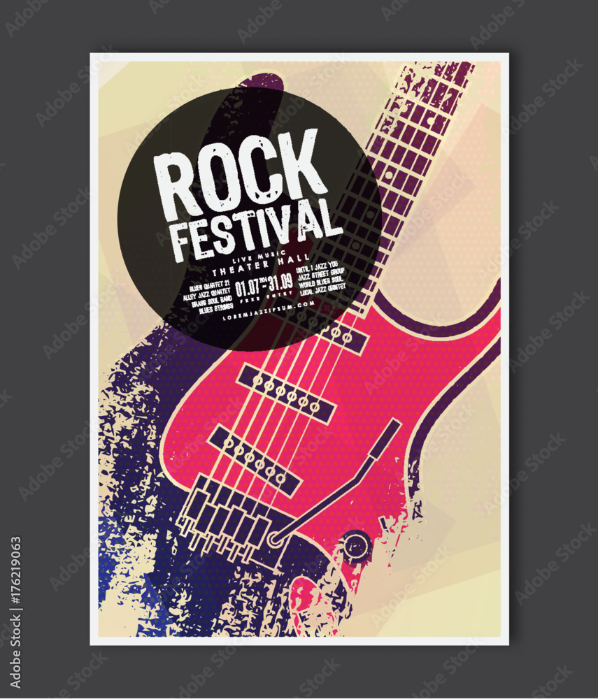 Music poster template. Vector Rock music flyer background with electric ...