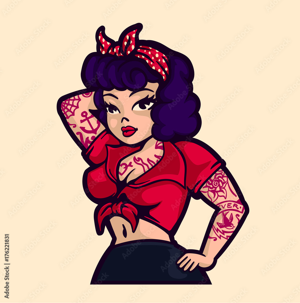 Vintage Rockabilly Pin Up Woman Posing With Vintage Clothes And Tattoos Cartoon Vector