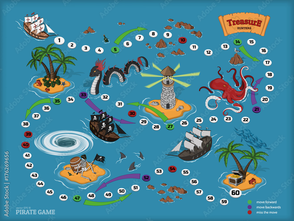 Pirate board game for children. Map of the treasure hunter. Corsair ...