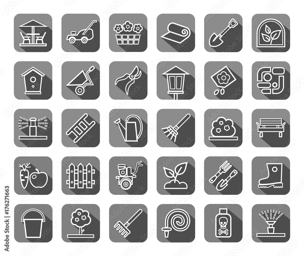 Landscape design, icons, linear, gray, vector. Arrangement of land ...