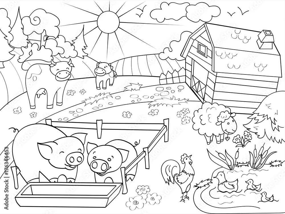 Farm animals and rural landscape coloring raster for adults Stock ...