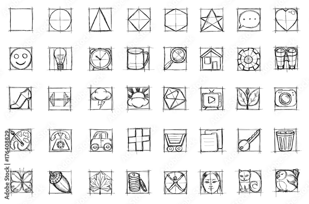 draw sketch icons set pictures of items for buttons on a site Stock ...