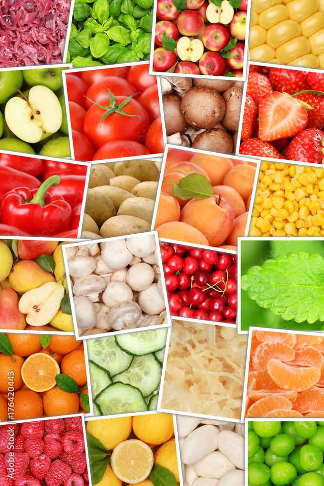 Stock-Foto „Obst und Gemüse Früchte Hintergrund von oben Hochformat ...