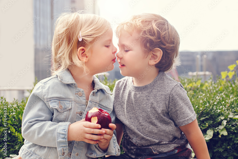 Group portrait of two white Caucasian cute adorable funny children ...