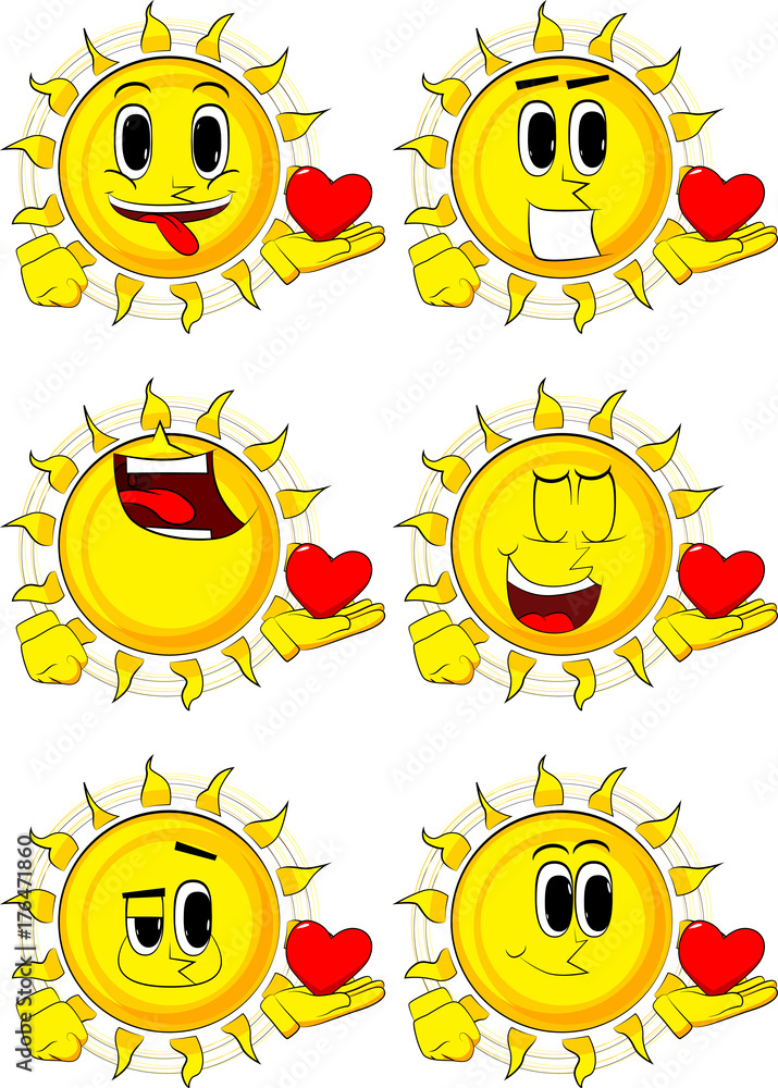 Cartoon sun holding red heart in his hand. Collection with happy faces ...