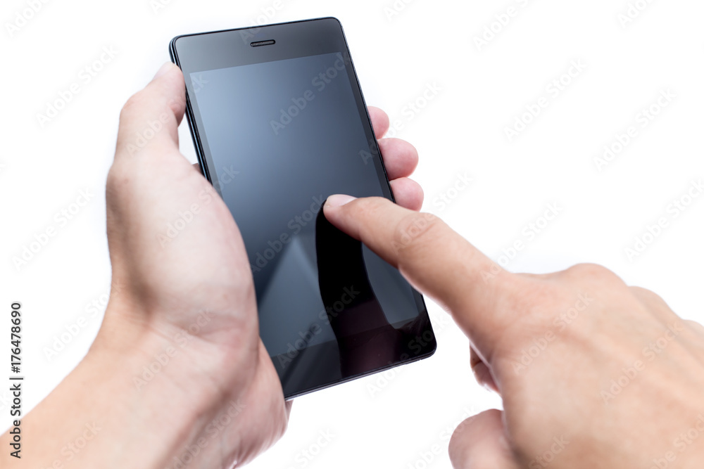 Male hand hold smartphone with finger touch screen black isolated on ...