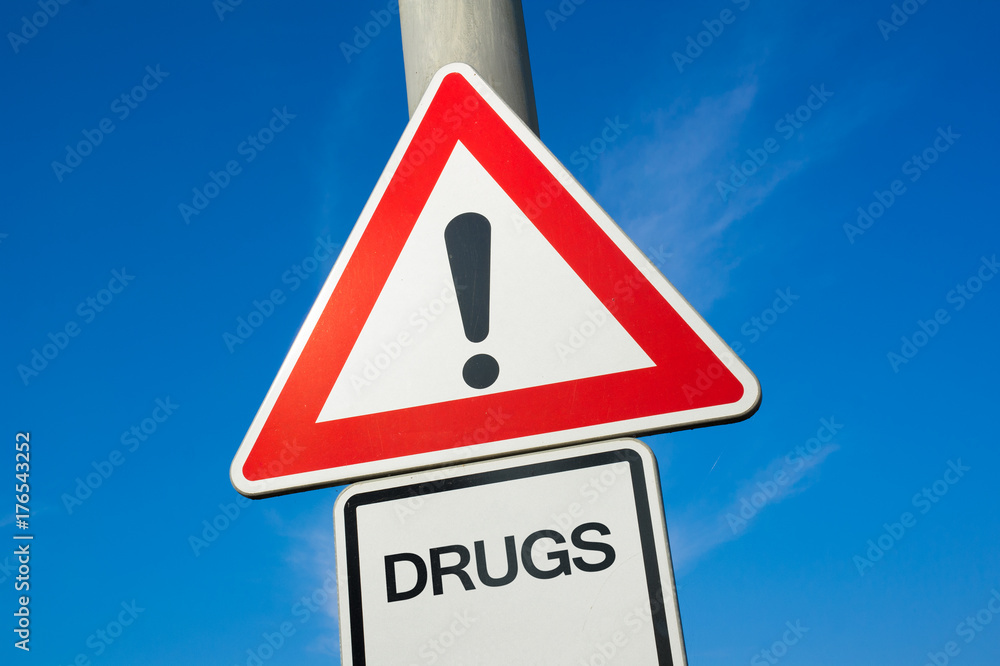 Drugs - traffic sign with exclamation mark to alert, warn caution ...