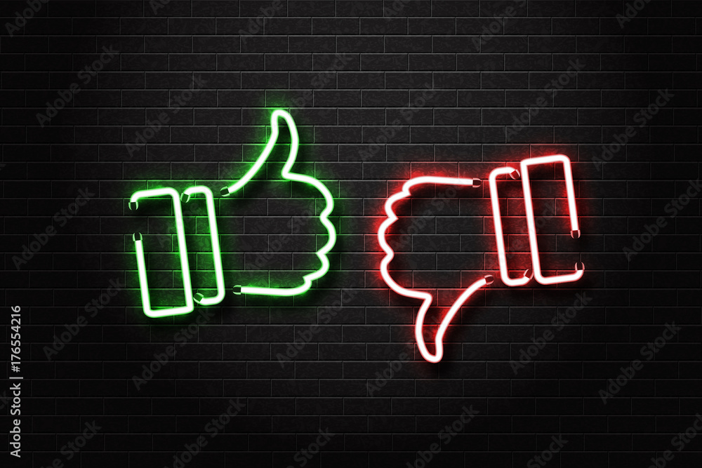 Vector realistic isolated neon signs of thumbs up and down on the wall ...