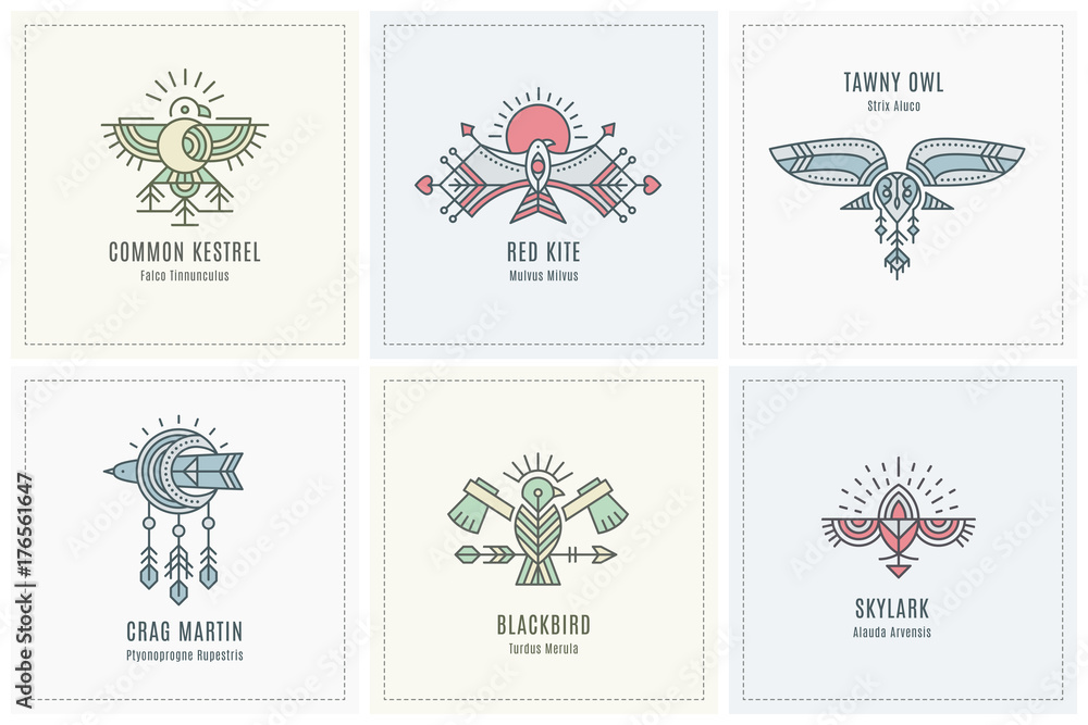 Set of Flying Bird Logo design, geometric tribal archaic emblems Stock ...