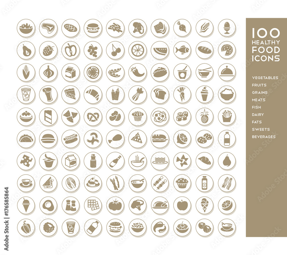 100 healthy food icons for menus, infographics, design elements. Vector ...