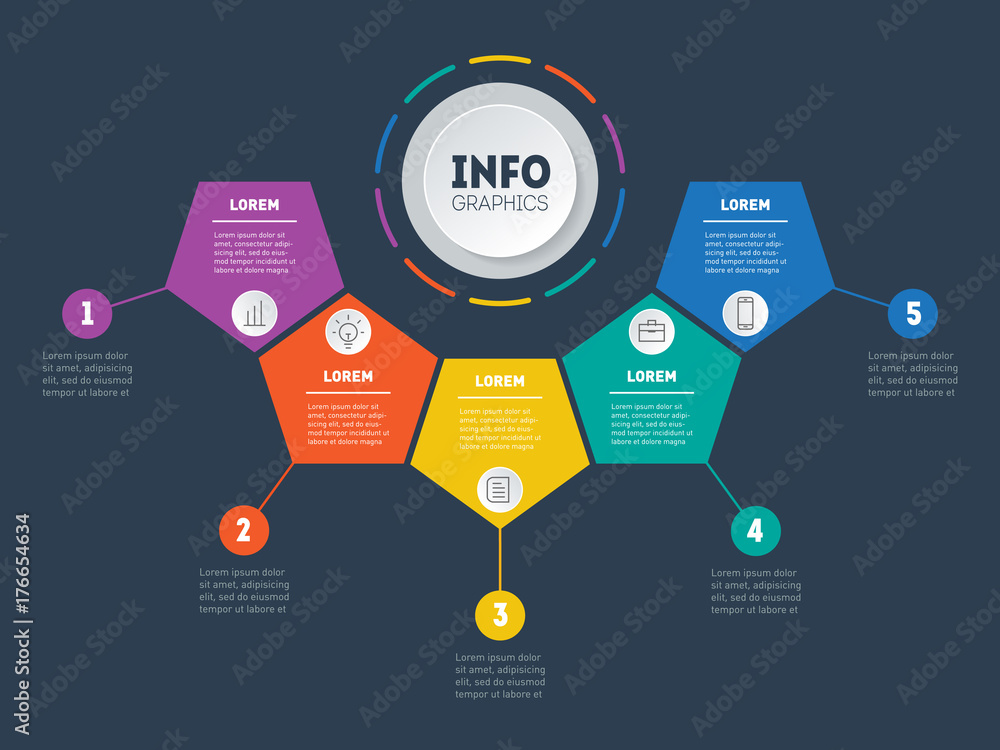 Vector de Stock Business presentation, infographic or mind map with 5 options. Vector dynamic ...
