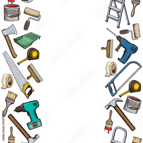 Seamless vertical borders of building repair tools, colorful sketch ...