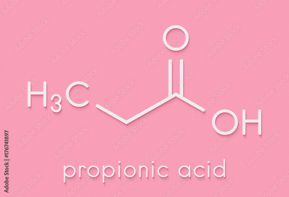 Propionic acid (propanoic acid) molecule. Used as preservative in food. Skeletal formula. Stock ...