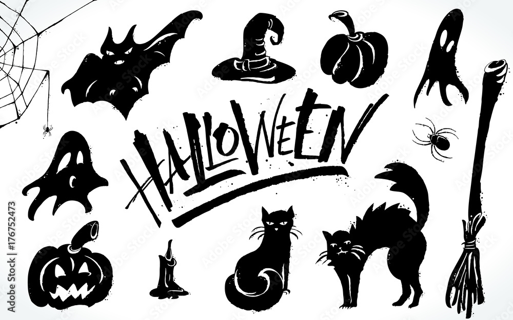 Halloween clipart set. Hand drawn pictures, vector illustration ...