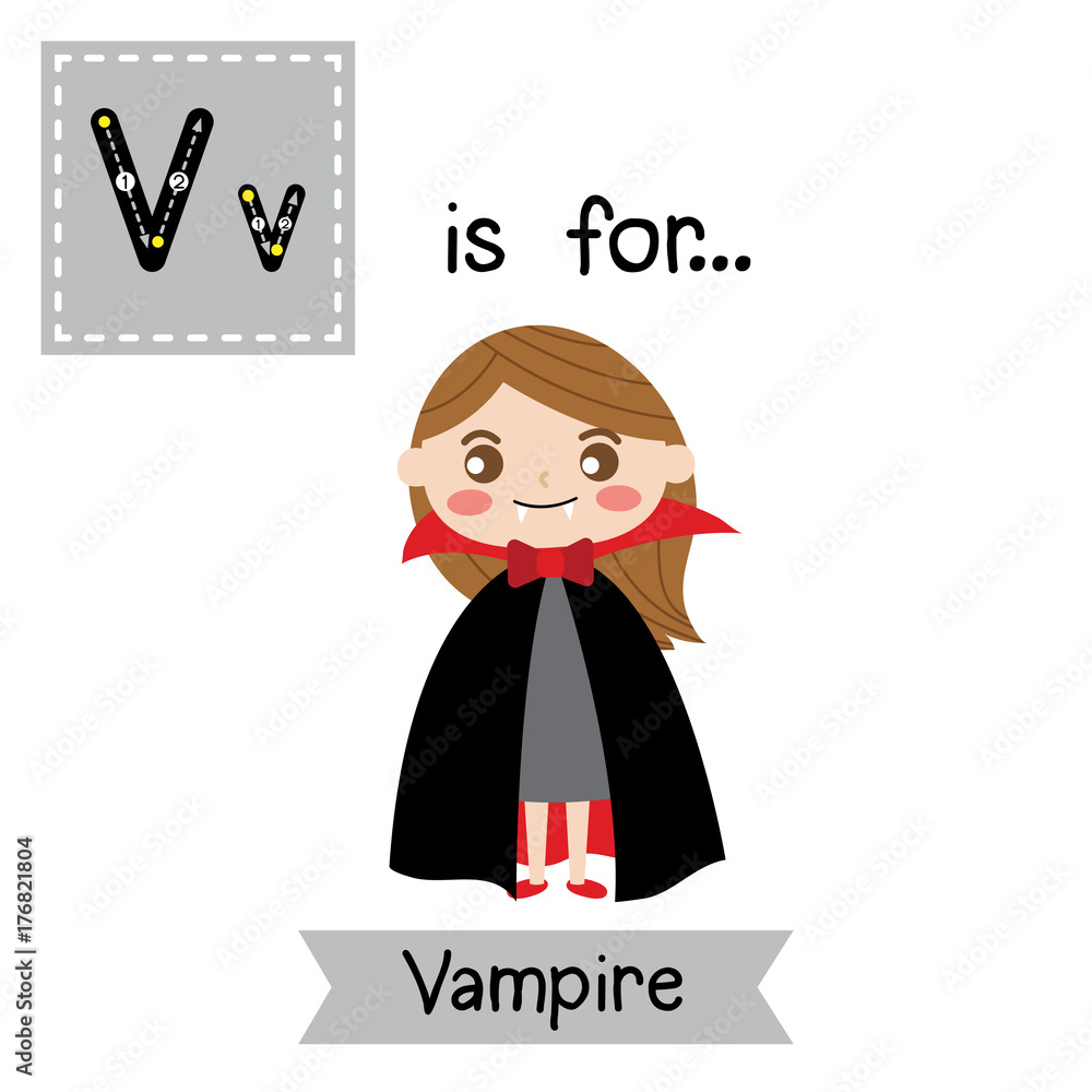 Cute children ABC alphabet V letter tracing flashcard of female Vampire ...