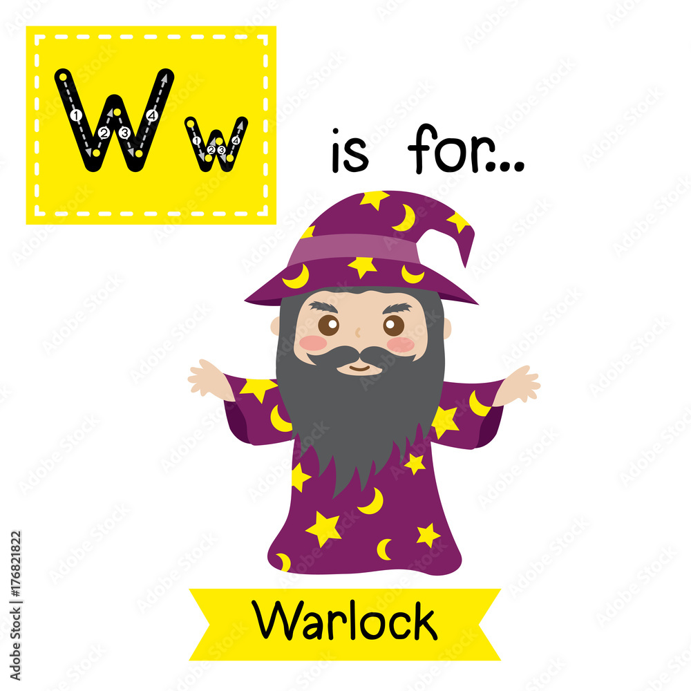 Cute children ABC alphabet W letter tracing flashcard of Warlock ...