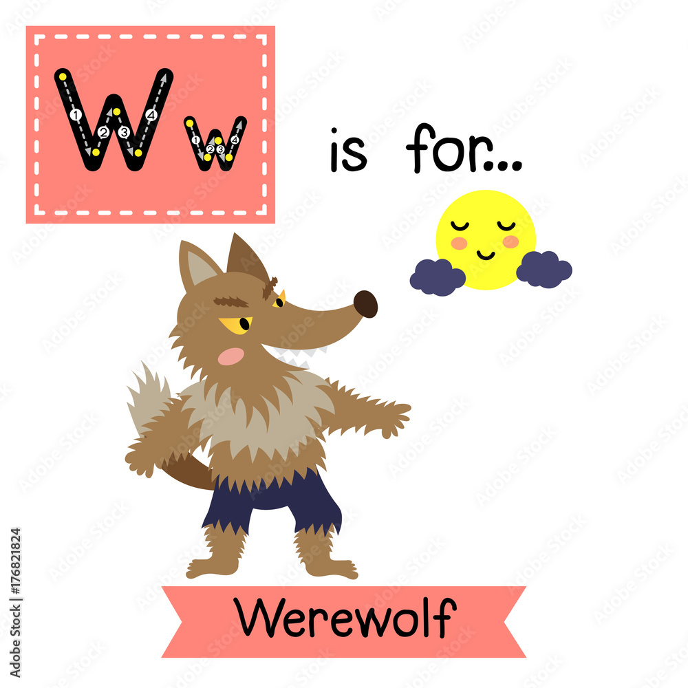 Cute children ABC alphabet W letter tracing flashcard of Werewolf and ...