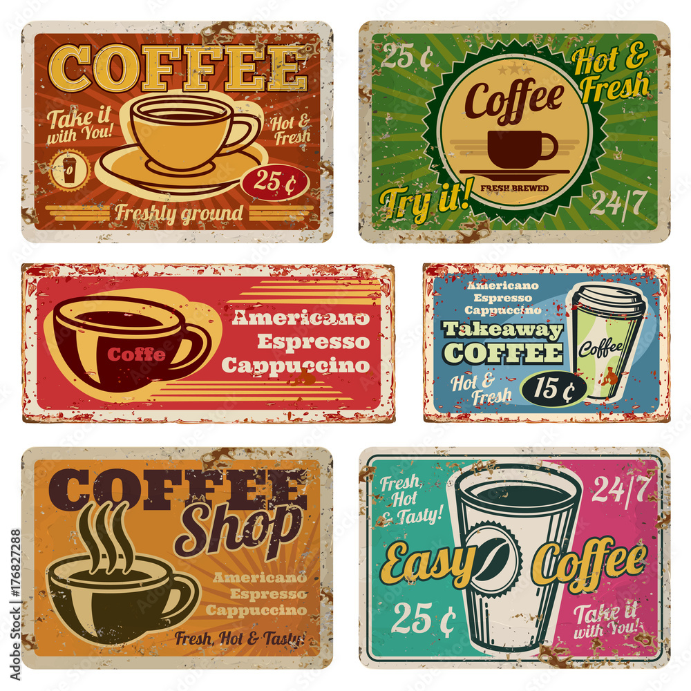 Vintage coffee shop and cafe metal vector signs in old 1940s style ...