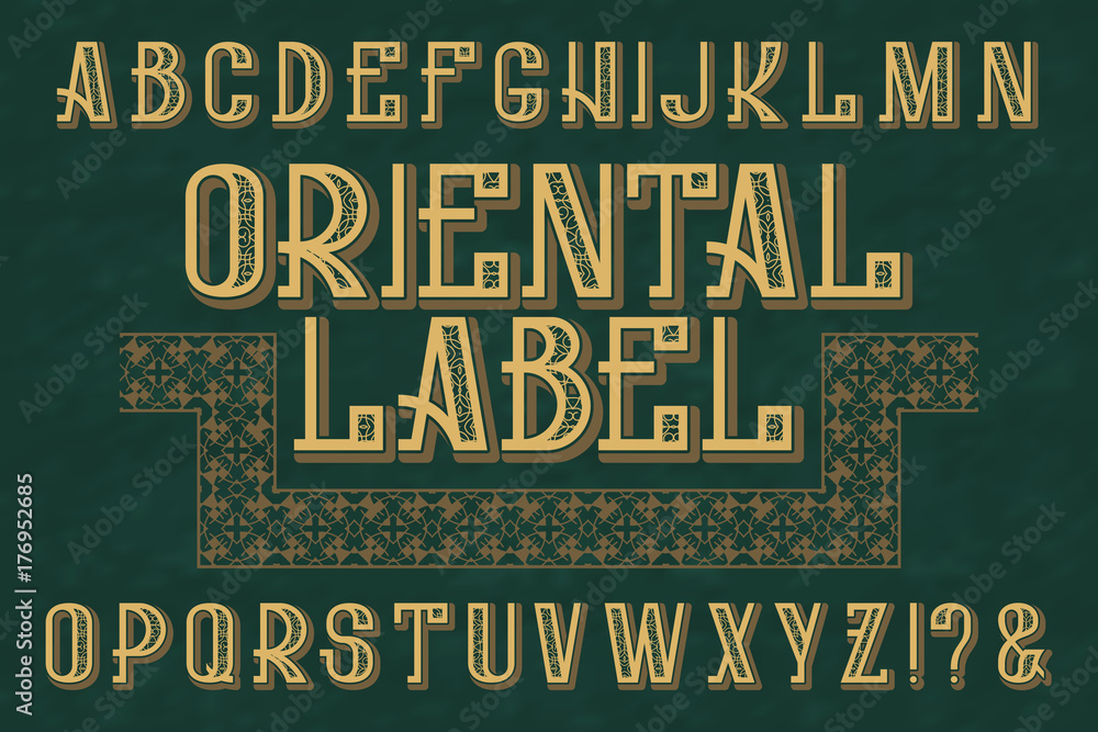 Oriental Label typeface. Decorative font. Isolated english alphabet. 素材 ...