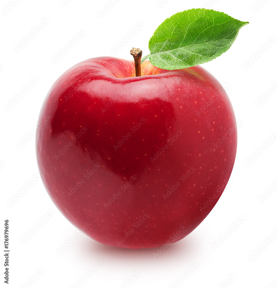 Isolated apple. Whole red, pink apple fruit with leaf isolated on white ...
