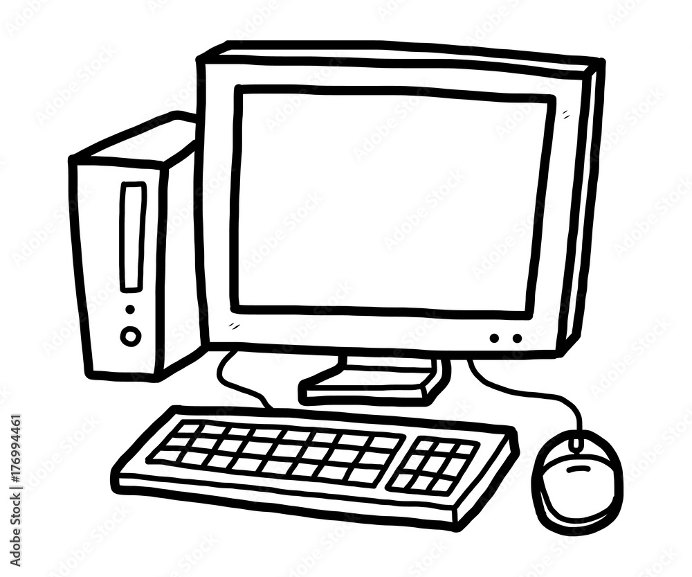 desktop computer / cartoon vector and illustration, black and white ...
