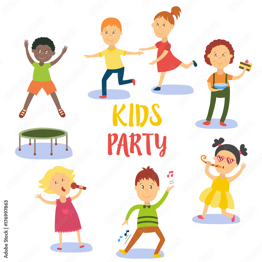 Kids, children, boys and girls having fun at birthday party, flat ...