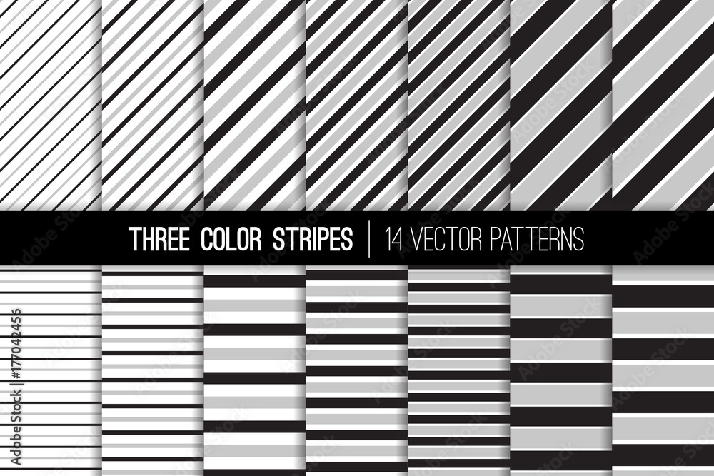 Three Color Stripes Vector Patterns. Black, White and Gray Diagonal and ...