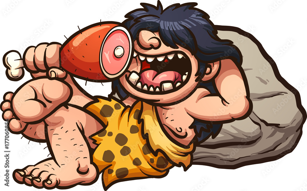 Happy cartoon caveman eating an animal leg. Vector clip art ...