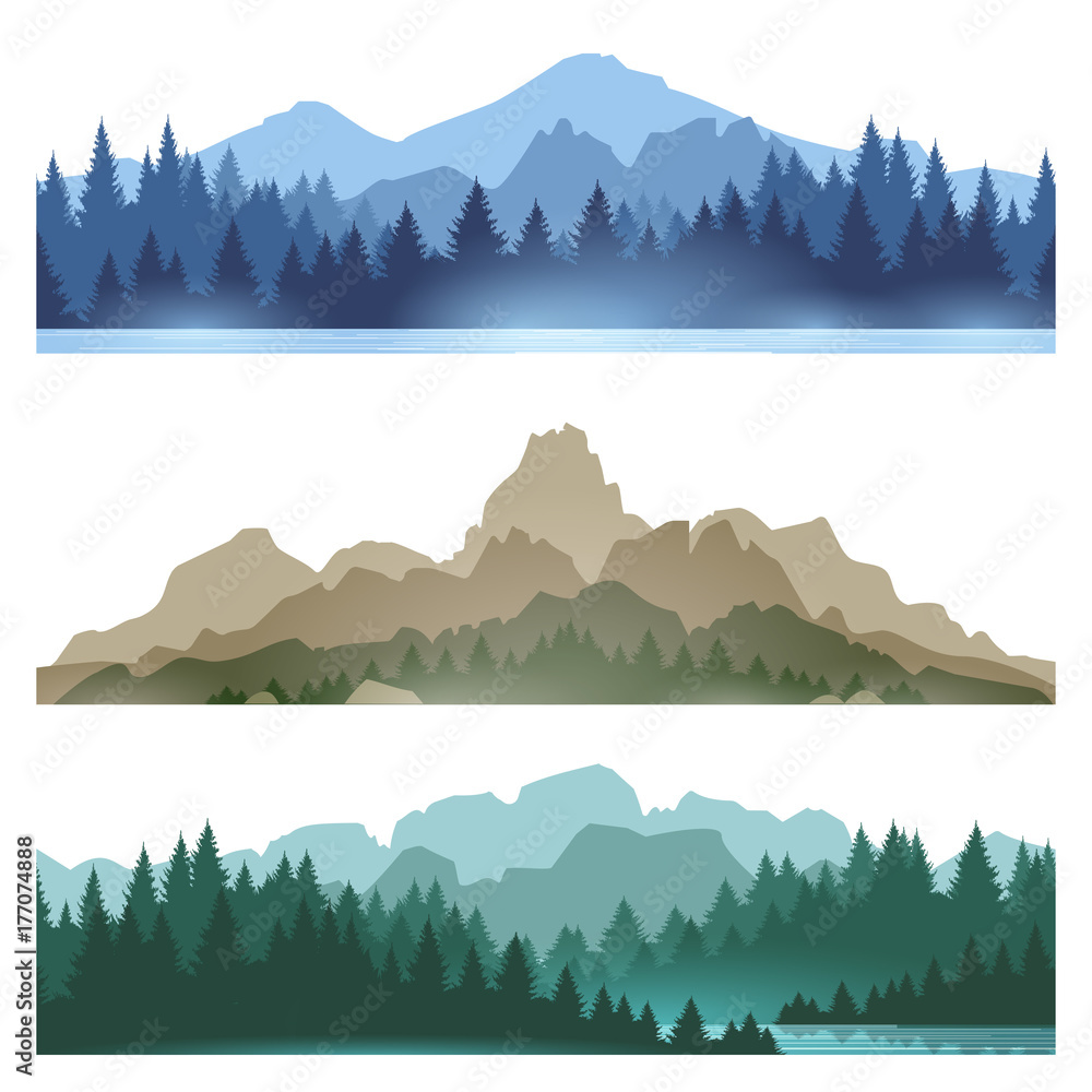 Foggy mountains landscape set vector illustration. Smokey rocky ...