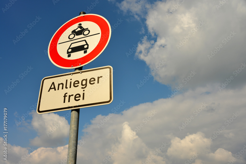 Schild, Verkehrszeichen, Durchfahrt verboten, Anlieger frei, Straße ...