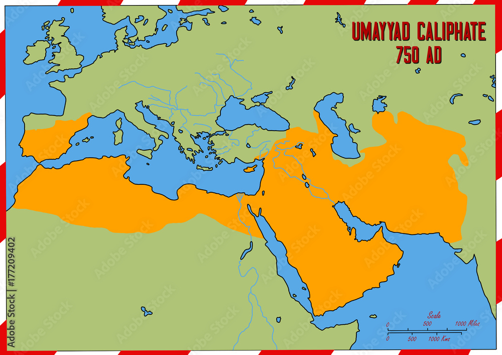 Original hand drawn map. The Umayyad Caliphate in 750 AD. It is also ...